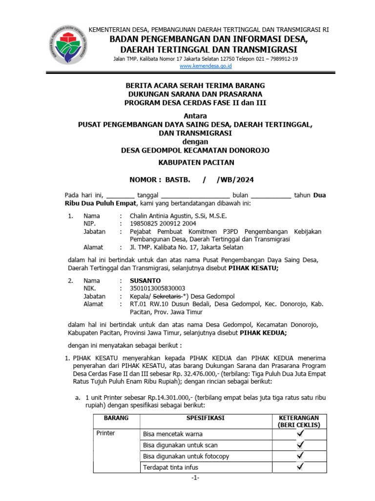 BAST PPK PC Dan Printer Ceklis Spesifikasi - DESA GEDOMPOL | PDF