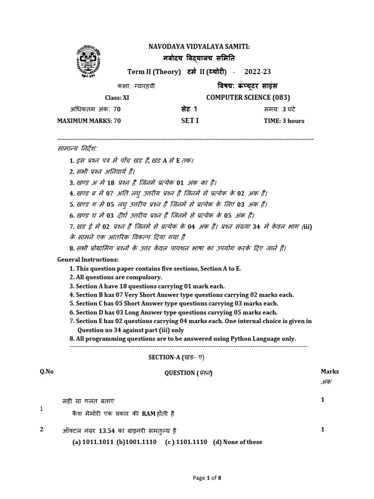 11 CS QP in Hindi | PDF
