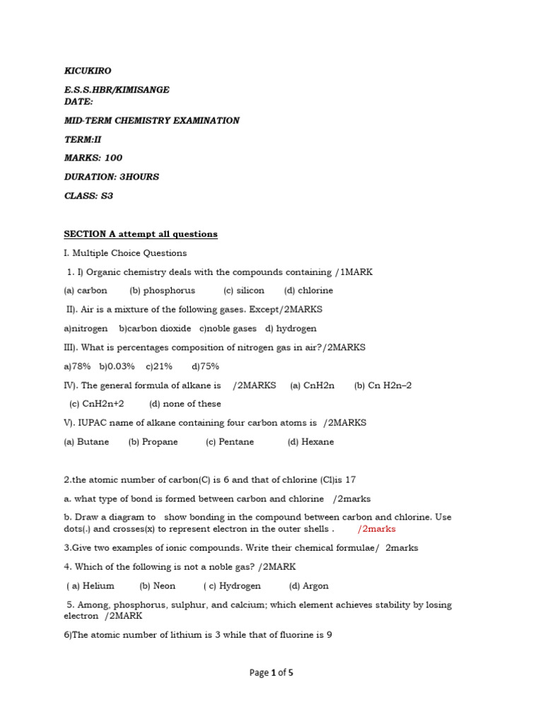 s3 Chem Mid-Term II Exam | PDF | Water | Chemical Reactions