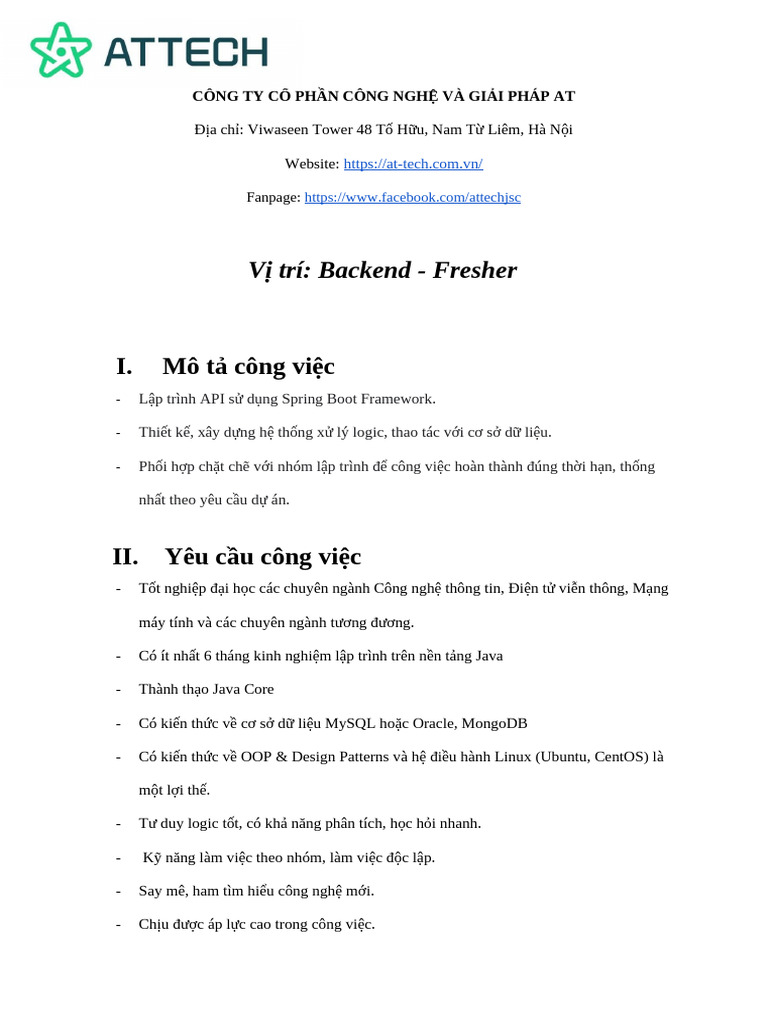 JD Fresher - Backend | PDF JD Fresher - Backend | PDF