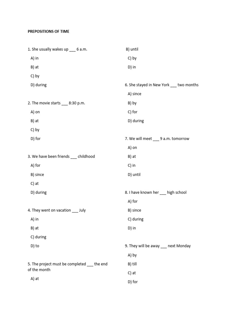 Latihan Soal Preposition of Time | PDF | Workweek And Weekend