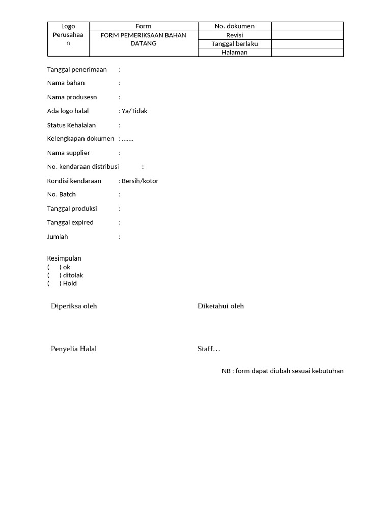 Contoh Form - Form Pemeriksaan Bahan Datang | PDF | Teknologi & Rekayasa