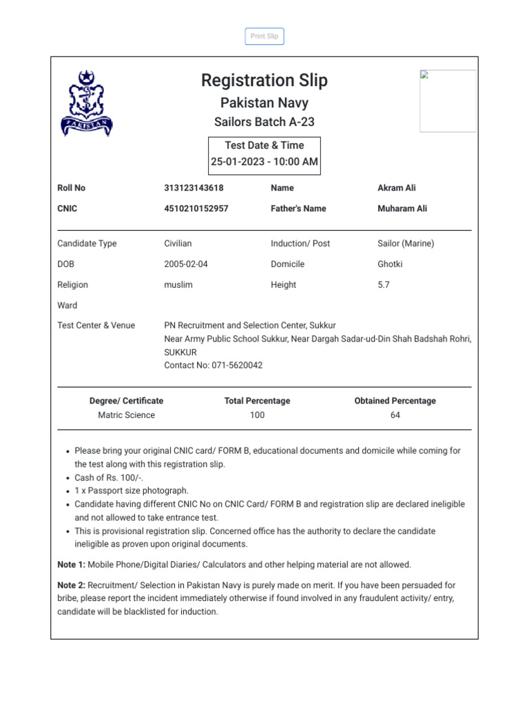 Pakistan Navy Sailors Batch A-23 Registration | PDF