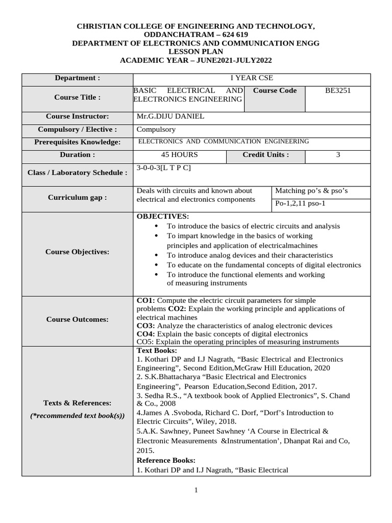 I- Beee Cse Lesson Plan | PDF | Ac Power | Electrical Engineering I- Beee Cse Lesson Plan | PDF | Ac Power | Electrical Engineering