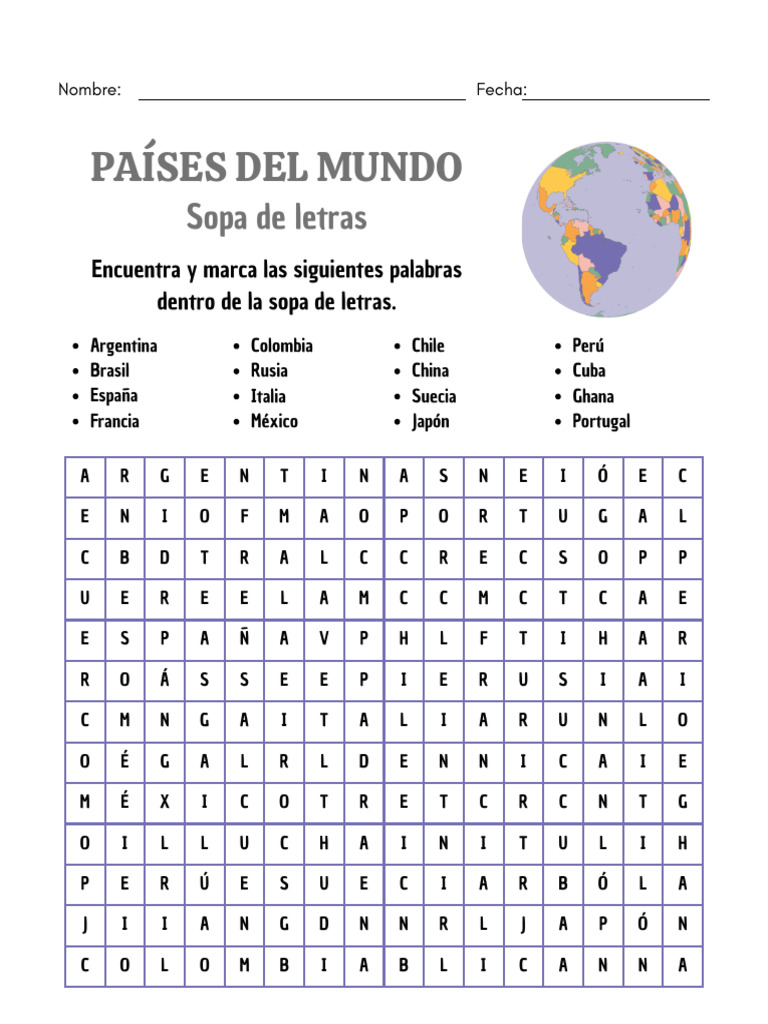 Hoja de Trabajo Sopa de Letras Países Del Mundo Simple Morado-2-2 | PDF