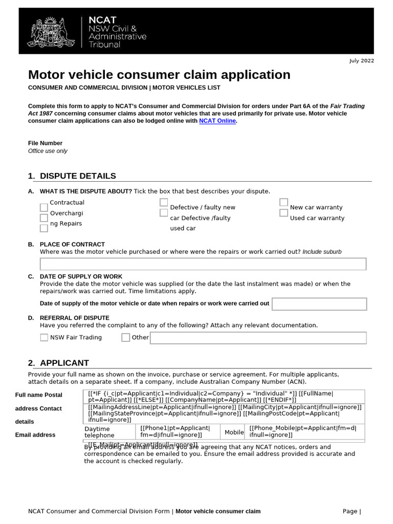 CCD Form Motor Vehicles Consumer Claim Application | PDF | Payments ...