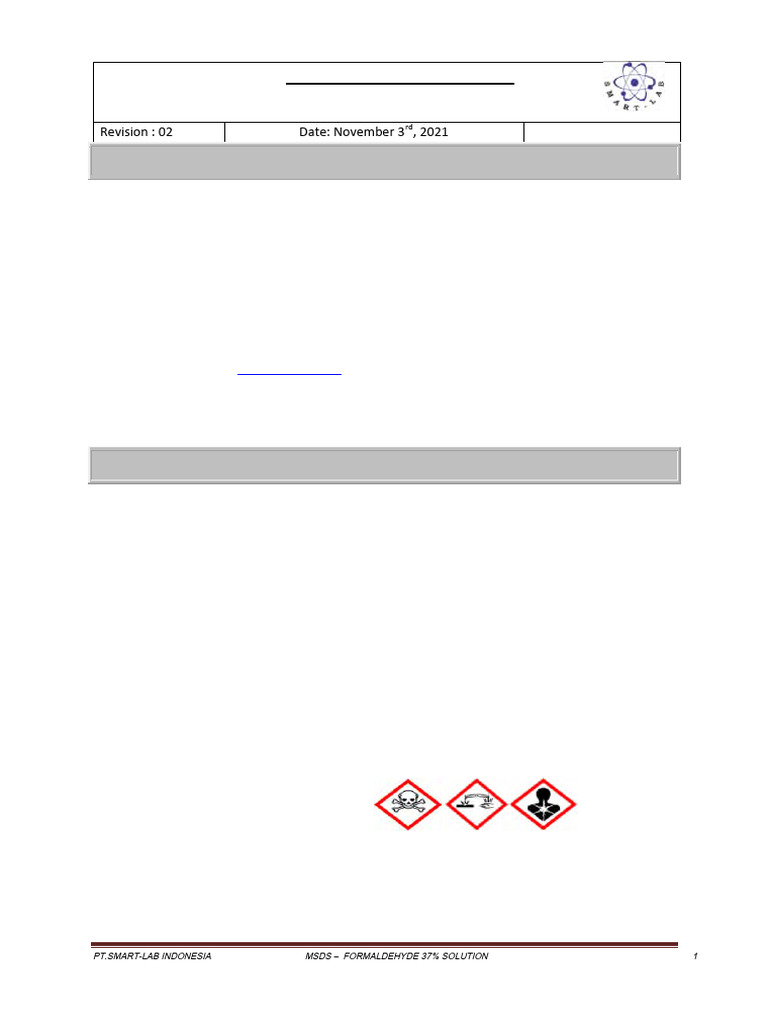 SmartLab MSDS - FORMALDEHYDE - 37 - SOLUTION | PDF | Formaldehyde ...