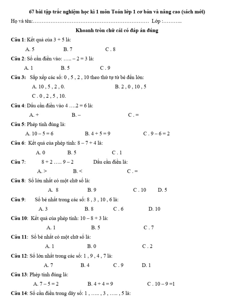 Bai Tap Trac Nghiem Hoc Ki 1 Mon Toan Lop 1 | PDF