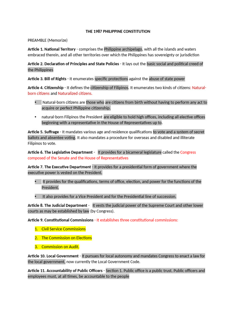 Overview of the 1987 Philippine Constitution | PDF | Constitution ...