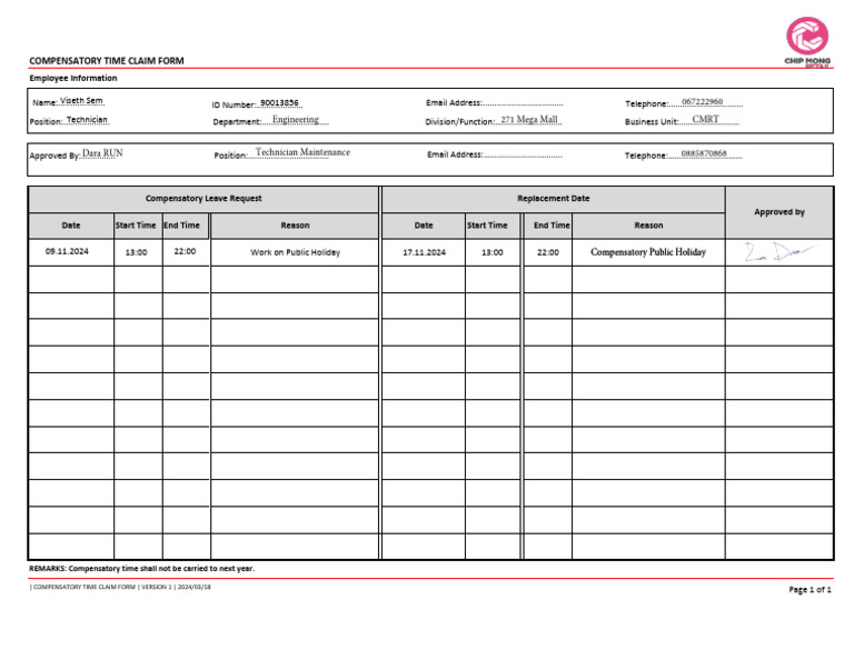 Compensatory Time Claim (CMRT) - Signed 2 | PDF | Finance & Money ...
