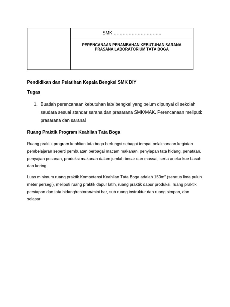 Perencanaan Sarana Prasarana Lab Tata Boga | PDF