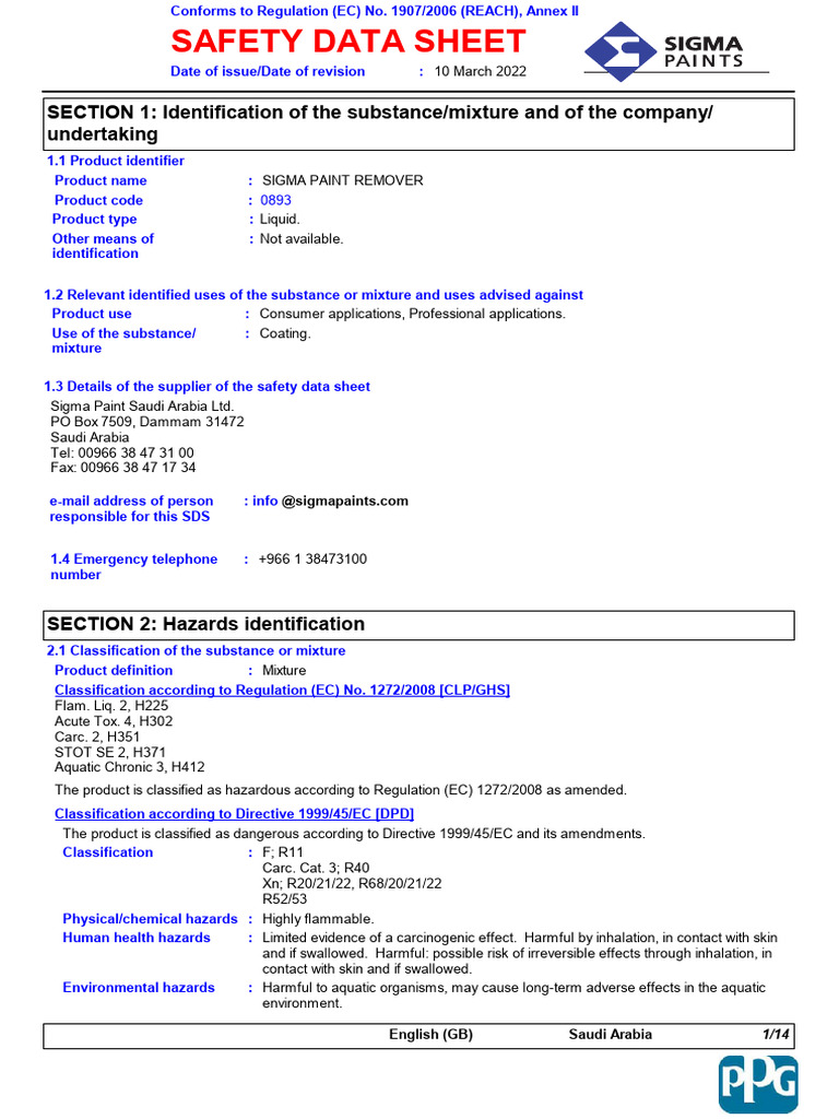 MSDS 0893 Sigma Paint Remover | PDF | Waste | Toxicity