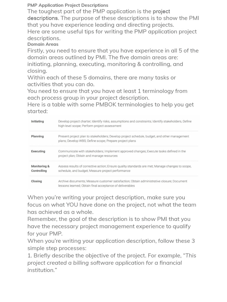 PMP Application Project Description Guide | PDF | Business