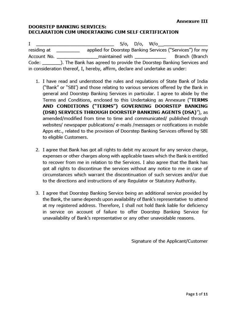 260220-Annexure III Declaration Cum Undertaking Cum Self Certification by Customer | PDF | Banks ...