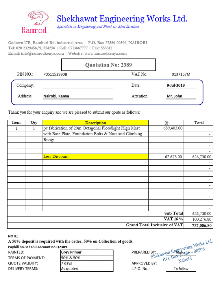 Quotation for Engineering Services Q2389 | PDF
