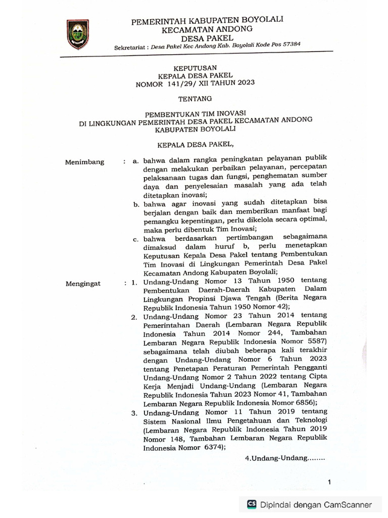 SK Inovasi Desa Pakel Andong Boyolali - Arif Setiyawan | PDF