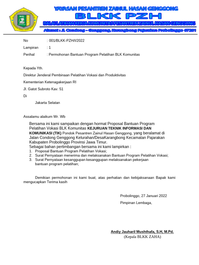 Surat Pernyataan, Permohonan, Proposal Banprog BLKK Zaha | PDF