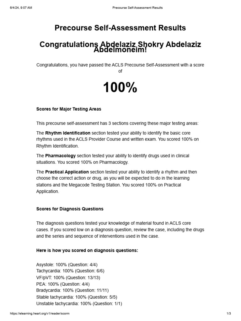 AHA Elearning - ACLS Precourse Self-Assessment and Precourse Work, International English (IVE) 1 ...