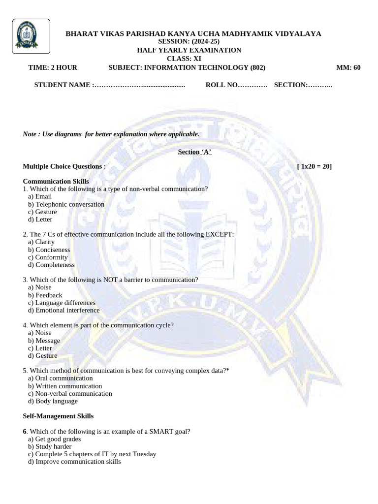 Class 11 It Half Yearly Exam Paper | PDF | Entrepreneurship | Communication