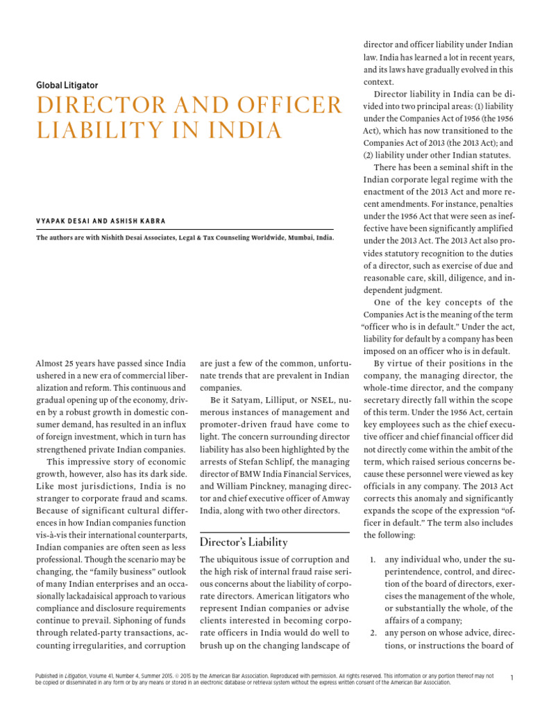 Director and Officer Liability in India | PDF | Legal Liability ...