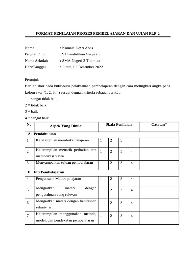 Format Penilaian Proses Pembelajaran Dan Ujian PLP | PDF | Karier & Perkembangan