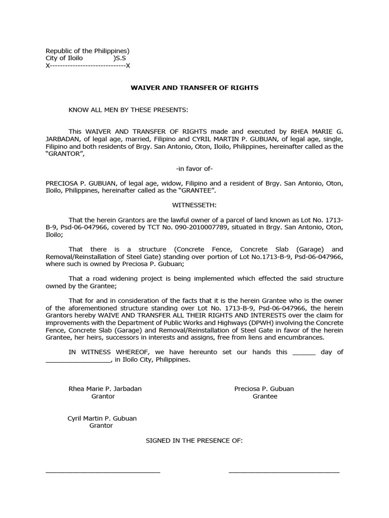 Sample - Waiver of Rights | PDF | Legal Documents | Land Law