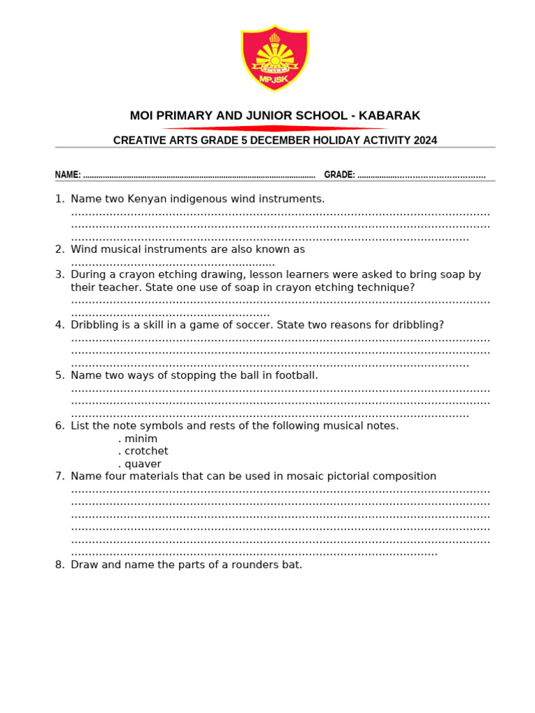 Grade 5 Creative Arts December Holiday Activity 2024 | PDF | Performing ...