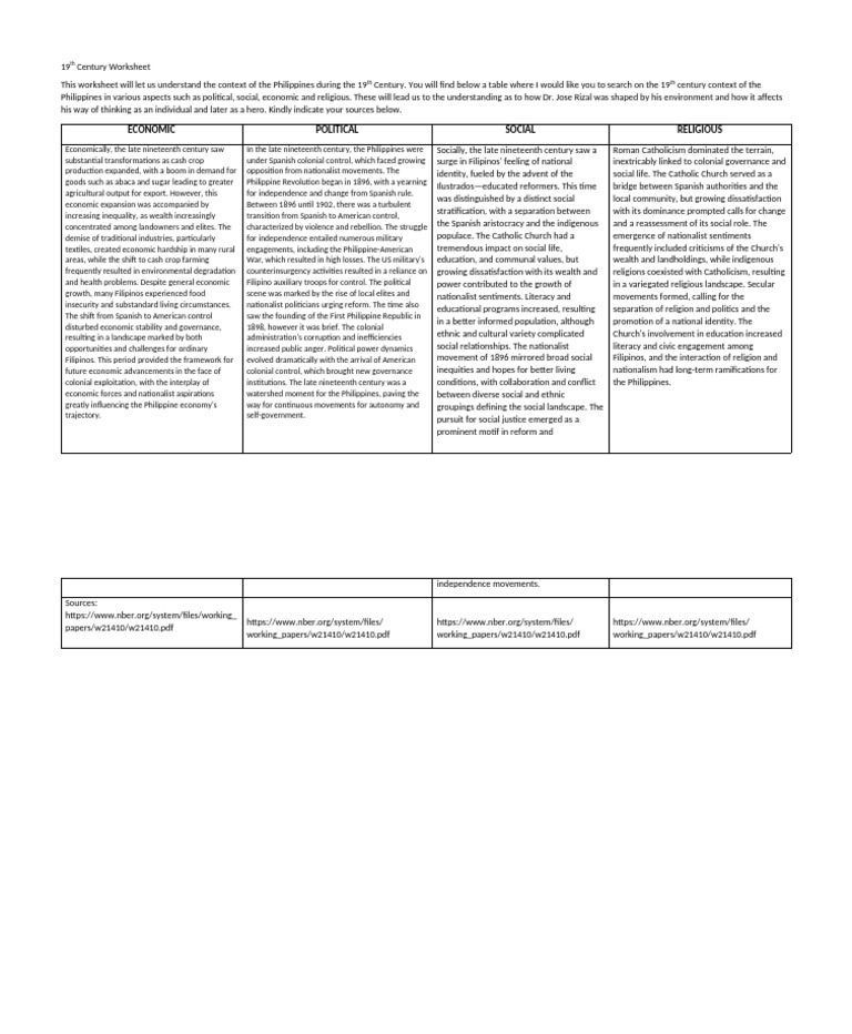19th Century Worksheet | PDF | Philippines | Nationalism