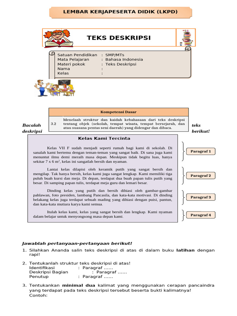 LKPD Kelas 7 Kaidah Teks Deskripsi 2024 | PDF | Kajian Bahasa Asing | Fiksi Umum