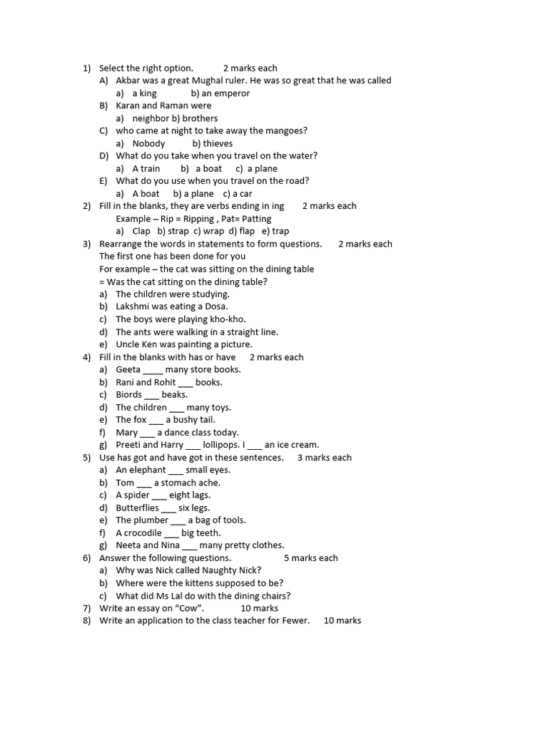 Class 2 English Exam Question Paper | PDF