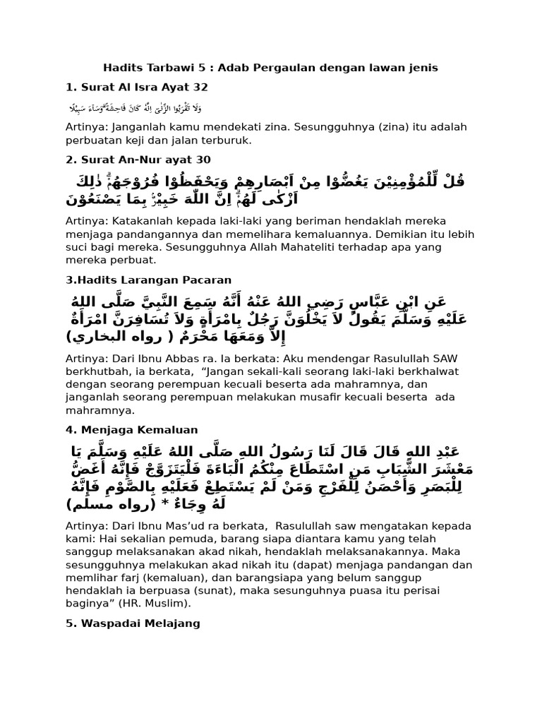 Hadits Tarbawi 5 Adab Pergaulan Lawan Jenis | PDF