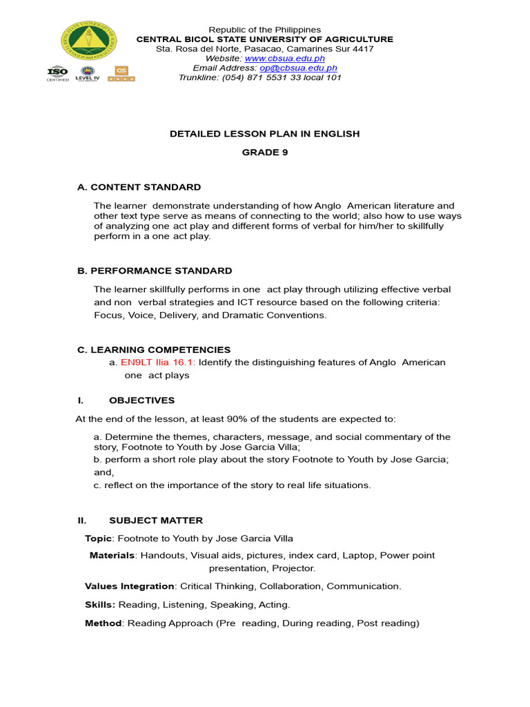 Lesson Plan G7 Prose 1 | PDF | Lesson Plan
