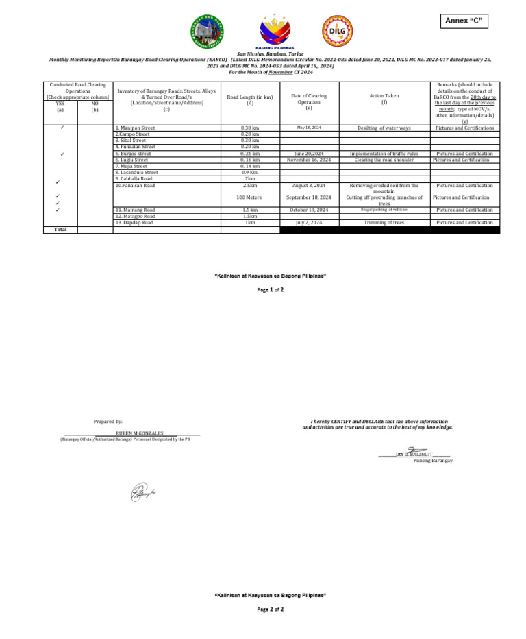 Barangay Road Clearing Report 2024 | PDF