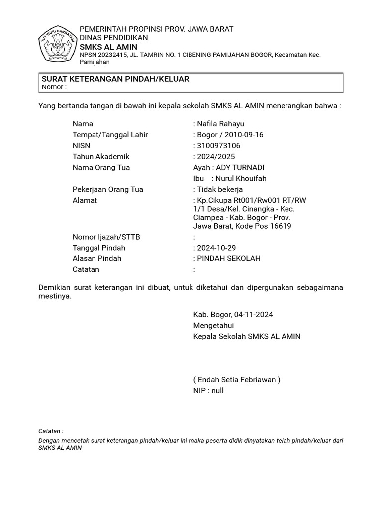 Surat Mutasi Nafila Rahayu | PDF