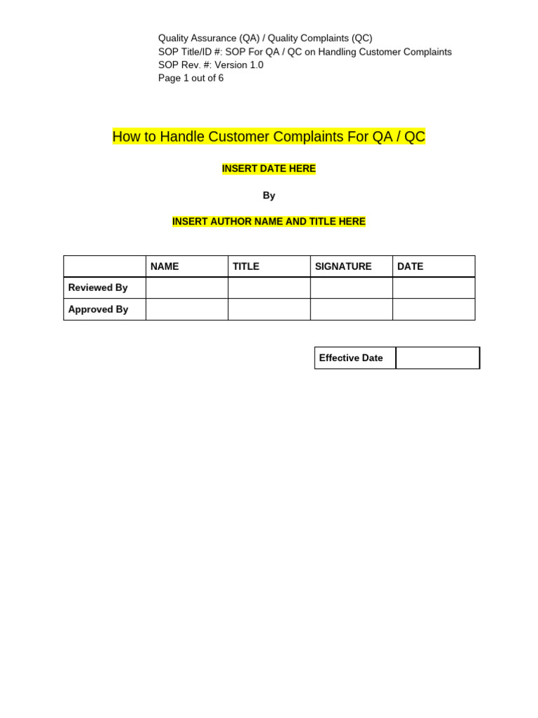 Customer Complaint Handling SOP | PDF | Quality Assurance