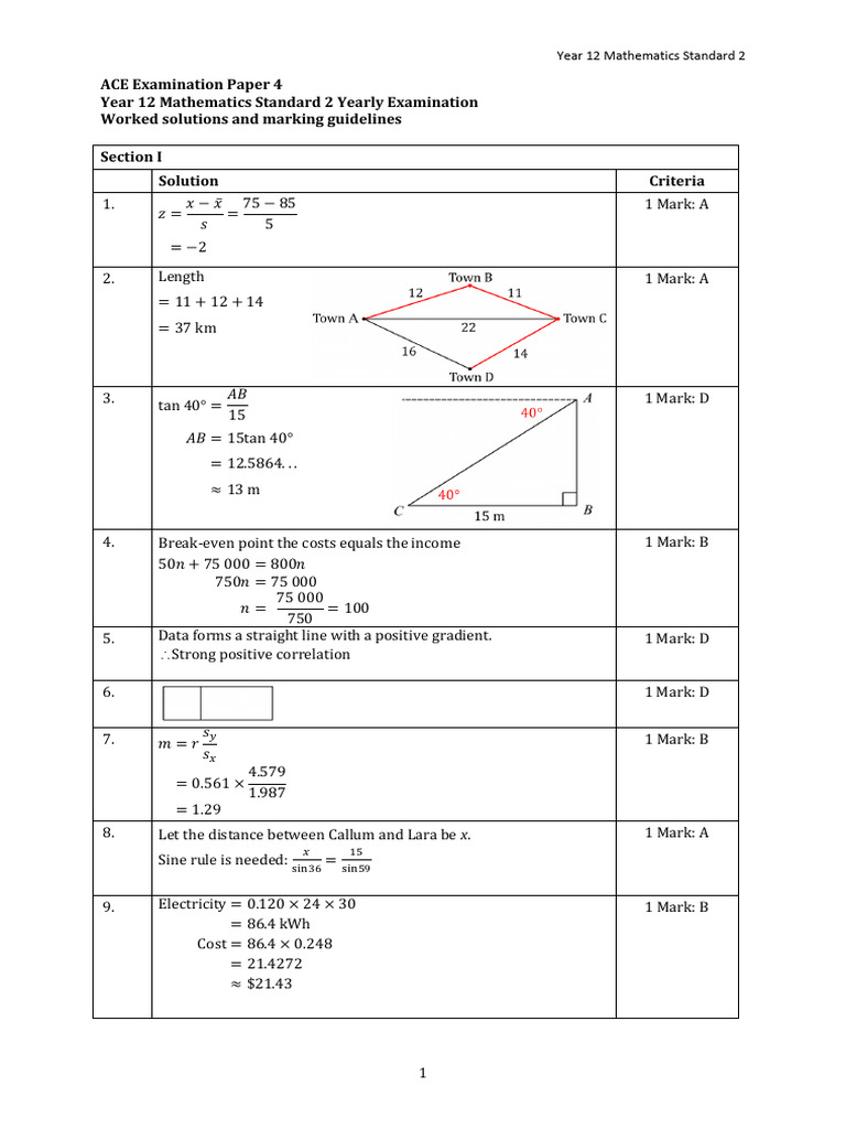 HSC Standard Math ACE Practice Paper 4 Solutions | PDF