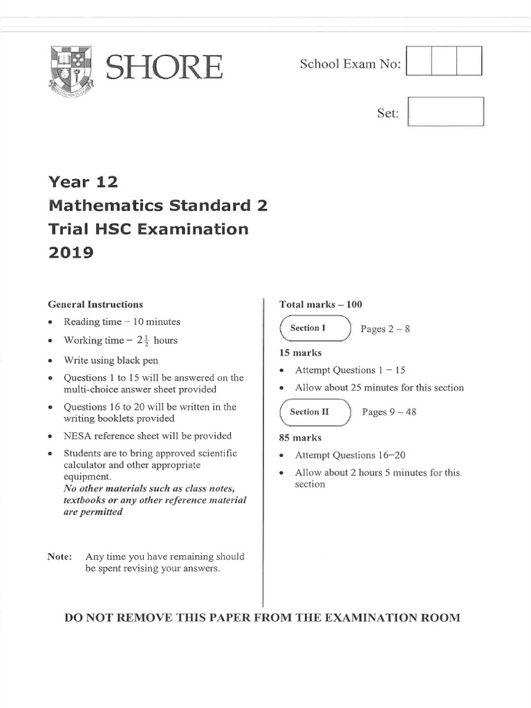 2019 Standard Maths Shore_Trial_Exam_with_Solutions | PDF
