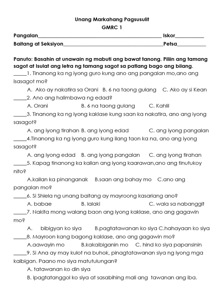 Periodical Test GMRC Matatag | PDF