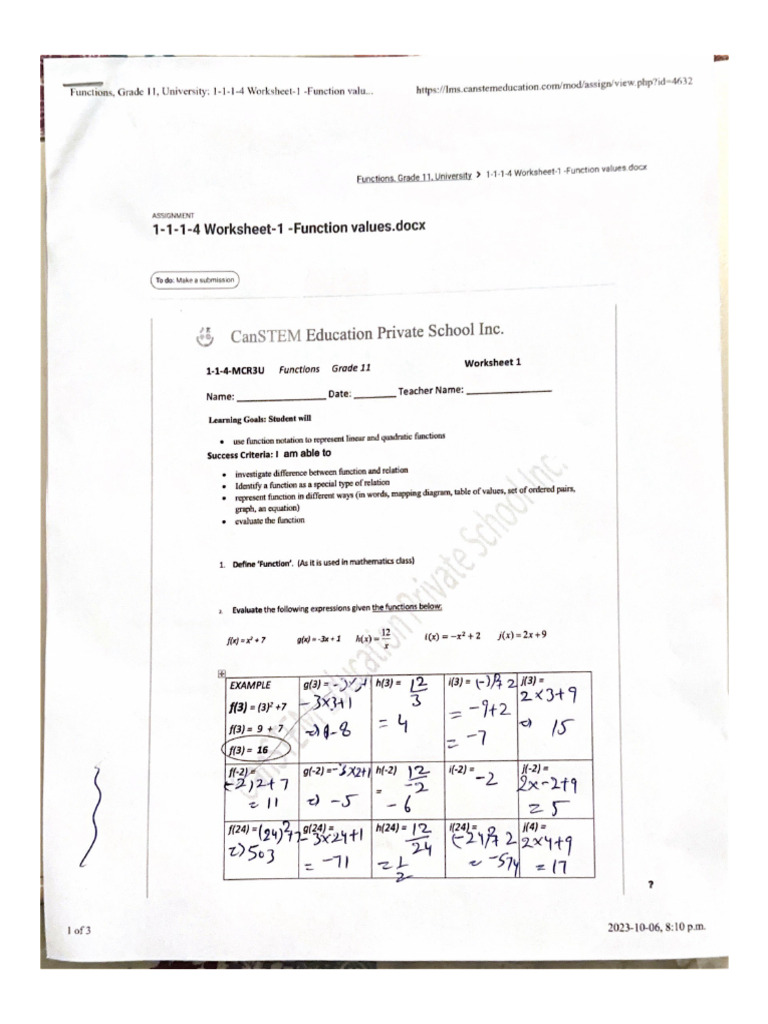 Functions, Grade 11, University 1-1-1-4 Worksheet-1 - Function Valu ...