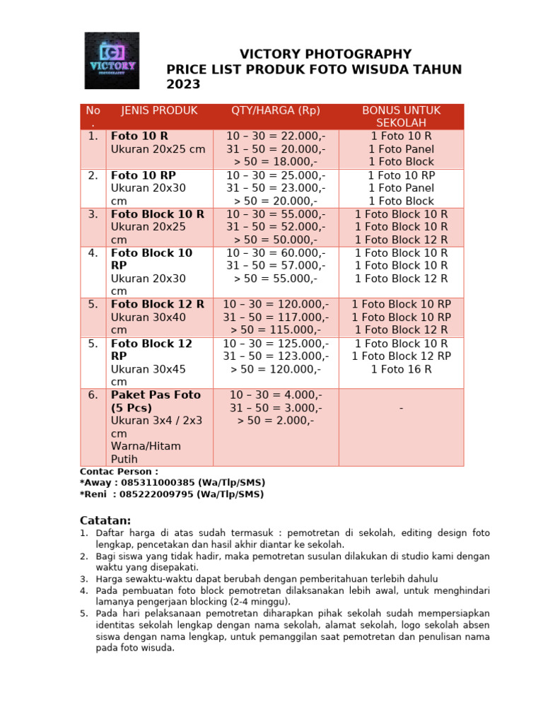 Price List Produk Foto Wisuda Tahun 2023 | PDF