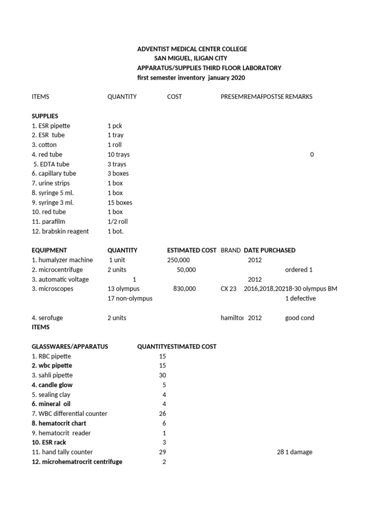 First Sem January 2020 Inventory | PDF | Laboratory Equipment ...