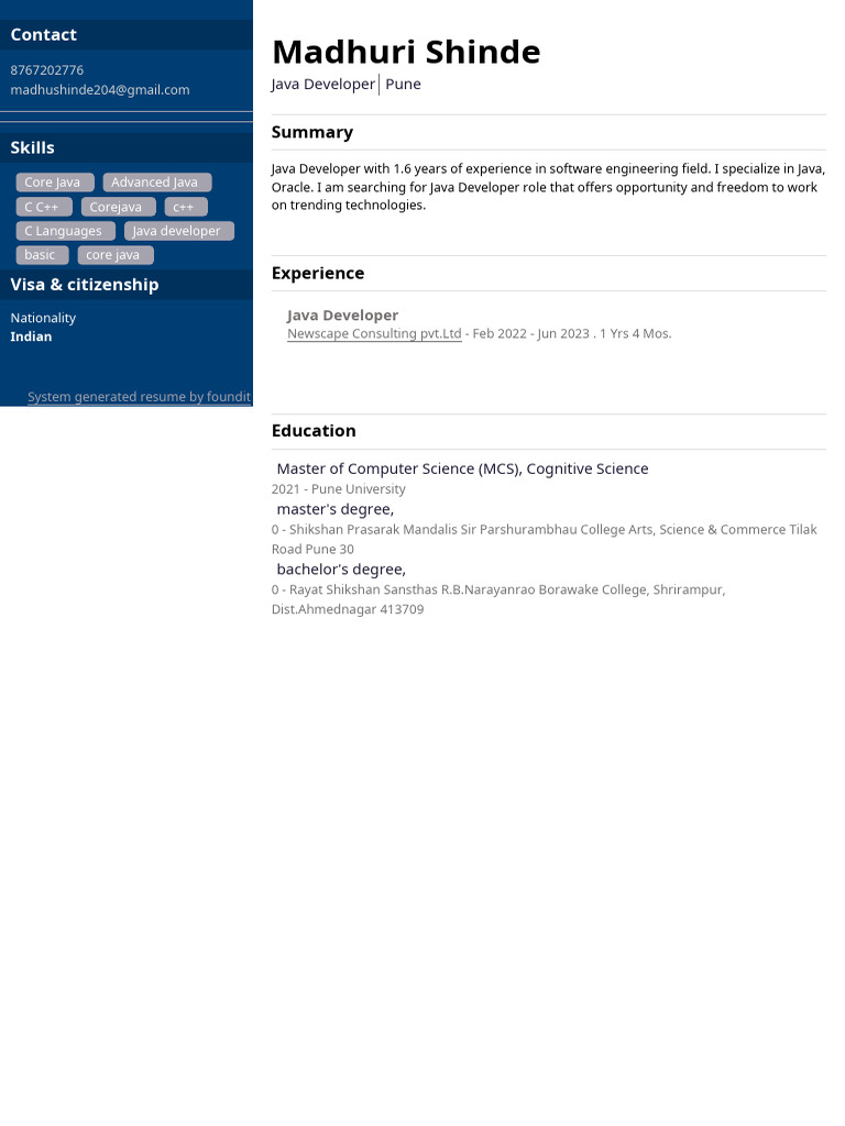 Foundit Profile - Madhuri Shinde | PDF