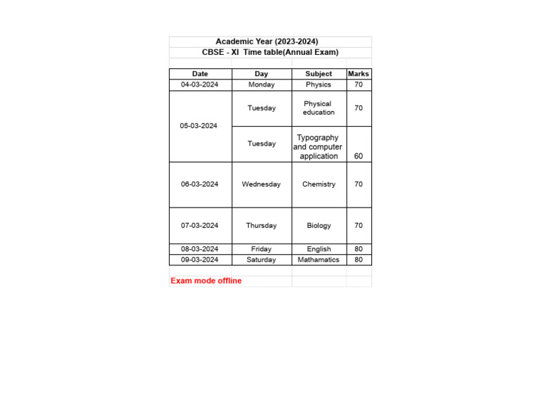 CBSE Class XI Exam Schedule 2024 | PDF