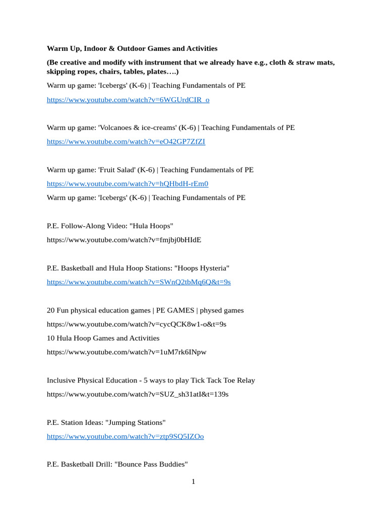 Indoor and Outdoor Games & Activities | PDF