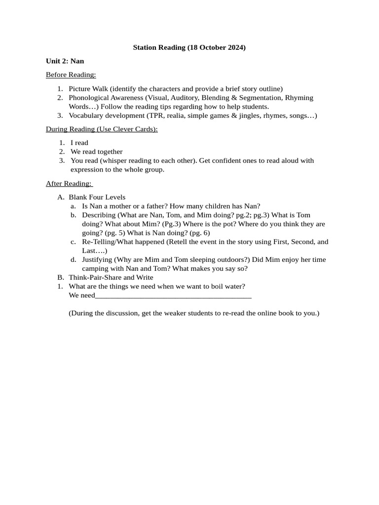 Nan Reading Lesson Plan Guide | PDF | Language Arts & Discipline