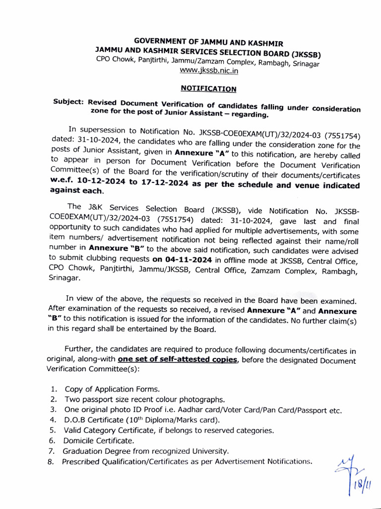 Revised DV Notification Junior Assistant 18112024 | PDF