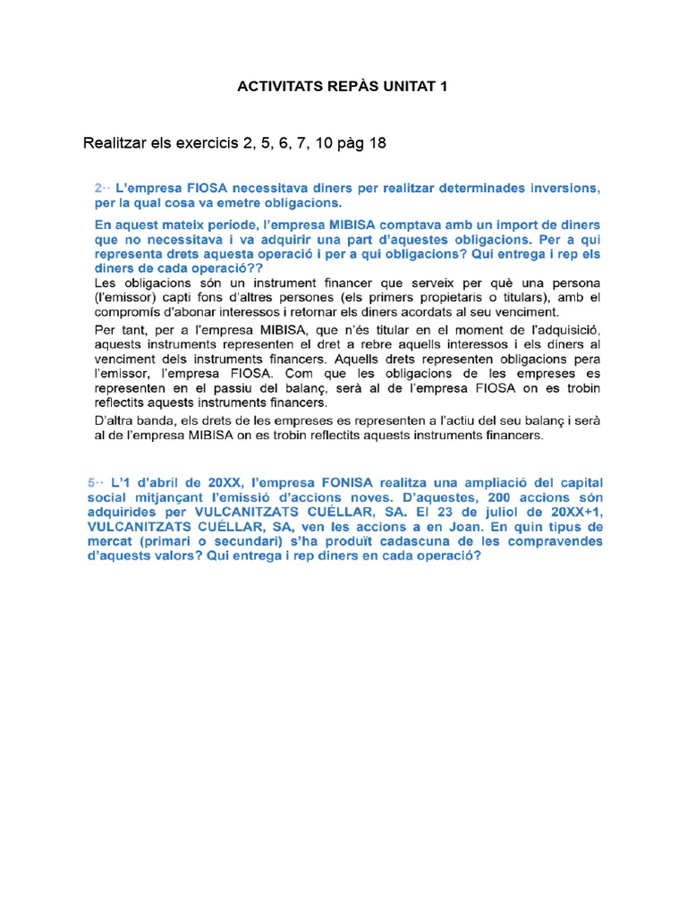 ACTIVITATS REPÀS UNITAT 1 - Correcció | PDF