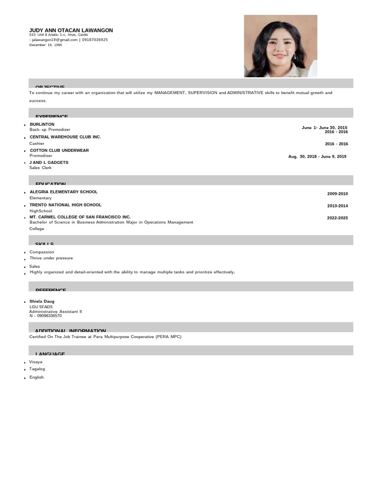 LAWANGON JUDY ANN - Resume | PDF | Business