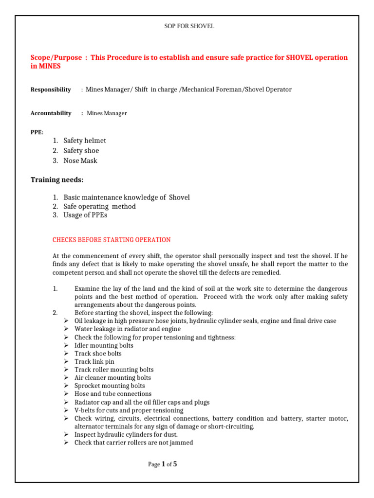 SOP For Shovel Operation | PDF | Machines | Engines