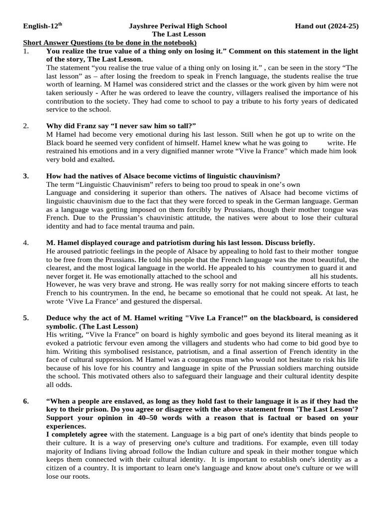 CH 1 The Last Lesson Handout 2024 | PDF